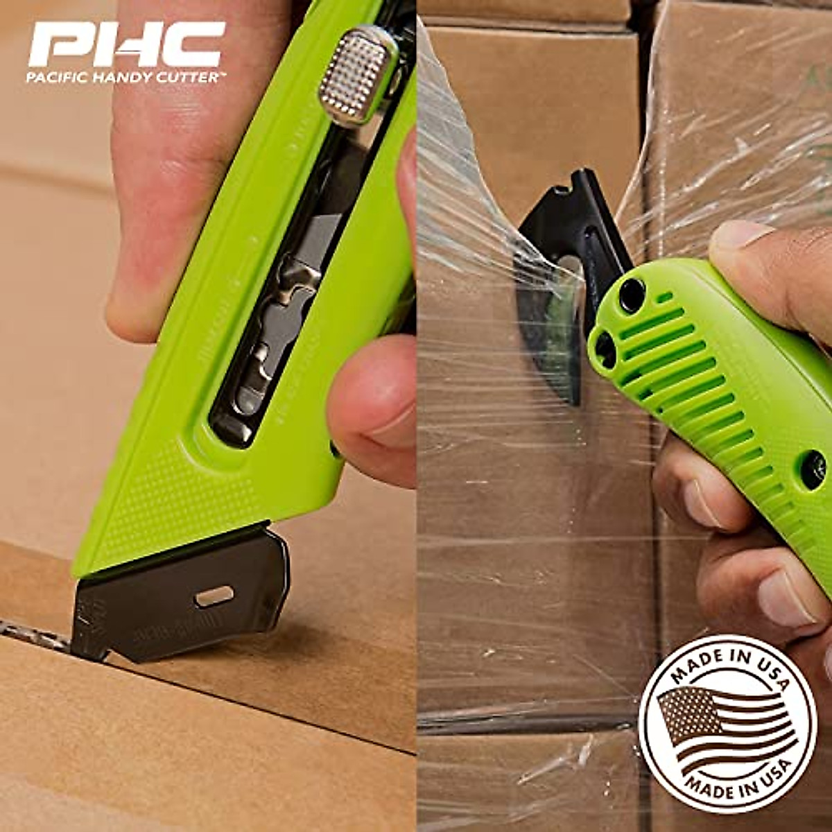 Pacific Handy Cutter S5R Safety Cutter, Right Handed Retractable Utility Knife & Ergonomic Film Cutter, Bladeless Tape Splitter, Steel Guard, Safety & Damage Protection, Warehouse & In-Store Cutting , green