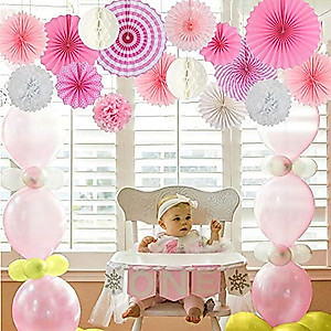 Hanging Party Decorations Set Tissue Paper Fan Paper Pom Poms Flowers and Honeycomb Ball for Wedding Birthday Baby Showers Engagement Party Decor Pink Kit