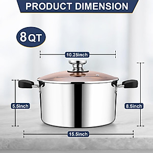 Homikit 8 Quart Stock Cooking Pot, 18/10 Stainless Steel Stockpot with Lid for Gas Electric Stoves, Heavy Duty Tri-ply Induction Pasta Soup Pot for Stewing, Dishwasher Safe with Stay-Cool Handles