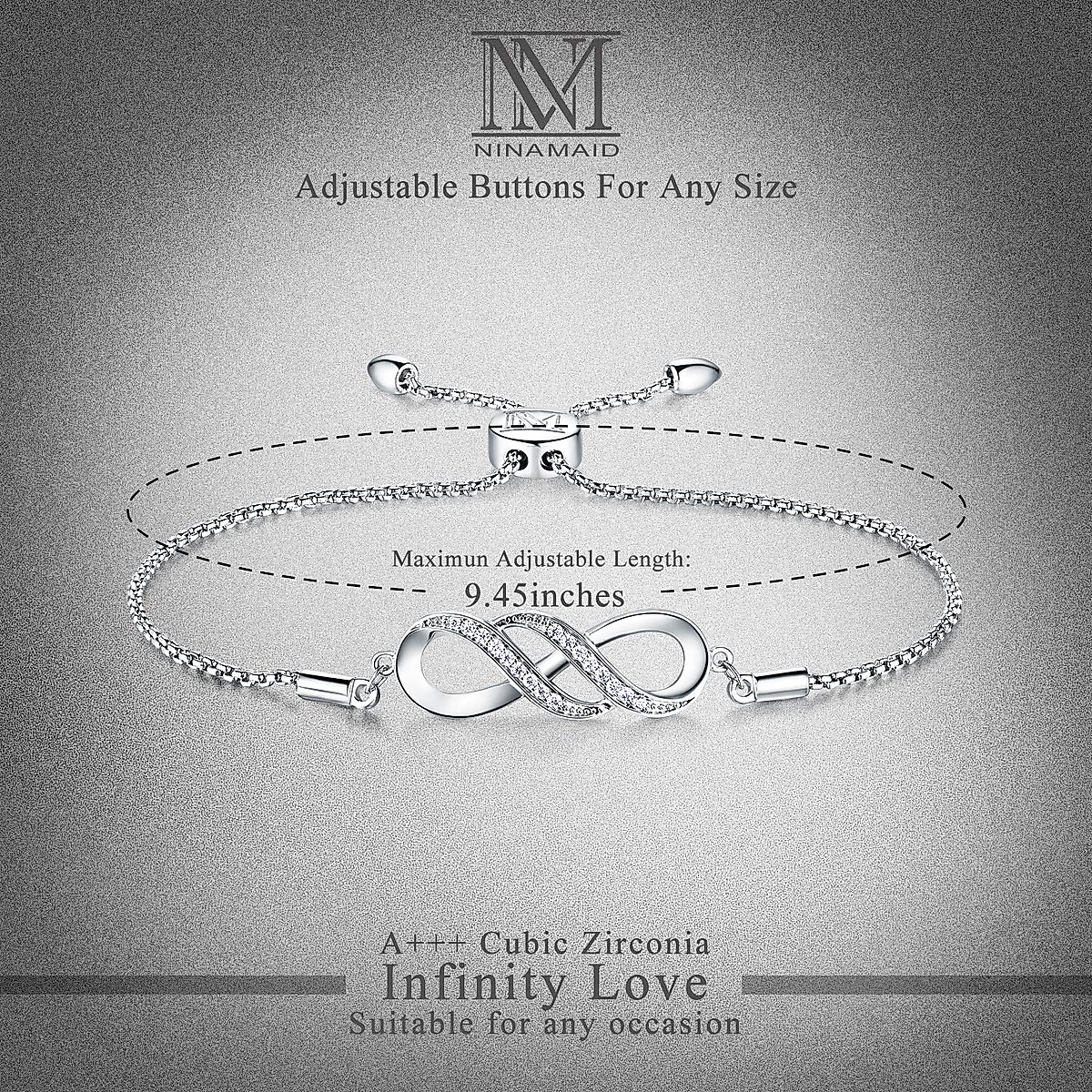 NINAMAID Women Silver Infinity Endless Love Symbol Charm Bracelet Jewelry Gifts with Sparking Crystal Bangle Bracelets for Friendship/Sister/Mother/Daughter