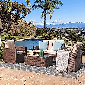 JOIVI Patio Furniture Set, 4 Piece Outdoor Patio Conversation Set, All-Weather PE Rattan Wicker Sectional Patio Sofa Set with Tempered Glass Coffee Table, Brown
