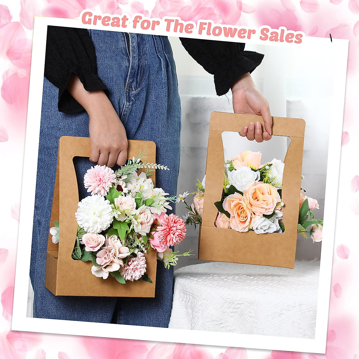 Sabary 12 Pcs Craft Paper Gift Bags Flower Box with Handle Valentine's Day for Arrangements Flower Bouquet Packaging Floral Basket Supplies Graduation Wedding Christmas Mother's Father's Day