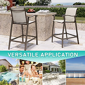 VredHom Outdoor Bar Stools & Chairs Set of 2, 2 PCS Counter Height Bar Stools, Patio Bar Chairs Brown Aluminum Frame & Beige Textilene