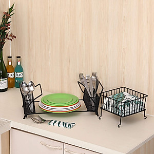 TQVAI 2 Tier Buffet Caddy Silverware Flatware Organizer with Mug Holder for Plates, Utensils, Napkins - Ideal for Kitchen, Dining, Entertaining, Parties, Picnics, Black