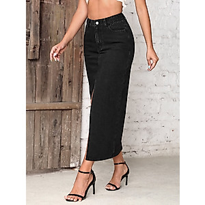 SweatyRocks Women's Casual High Waist Denim Skirt Split Hem Raw Trim Midi Jean Skirts Black L
