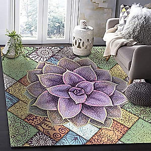 Mandala Pattern Backdrop Purple Succulent Pot Plant Area Rug 2'7"x5',Outdoor Indoor Small Carpet Runner for Kids Teen Girls Boys Bedroom,Living Room,Bathroom,Classroom,Office,Kitchen,Washable Area+Rug