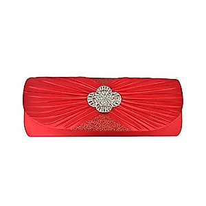 Elegant Cross Pleated Satin Flap Crystal Clutch Evening Bag, Burgundy