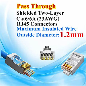 Gaobige 100-Pack Cat6 Cat6A RJ45 Pass Through Connectors Ends, Shielded RJ45 Connectors for 23AWG Cat6 Shielded Solid Wire and Standard Cable 100 Pack (1.2mm Shielded Cat6 Pass Through Connector)