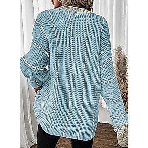 Dokotoo Womens Winter Sweaters 2023 Striped Long Jumper Tops Fashion Color Block V Neck Oversized Sweaters for Women Sky Blue Small