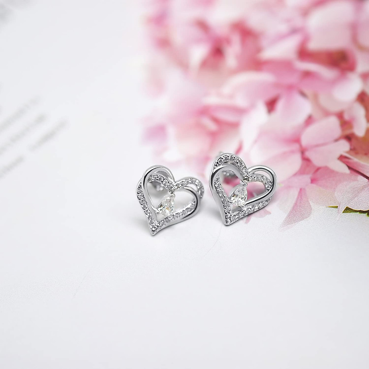 Heart Stud Earrings for Women - Sterlings Silver Hypoallergenic Cubic Zirconia Double Heart Shaped Earrings Gift for Mom Her Wife Lady,White