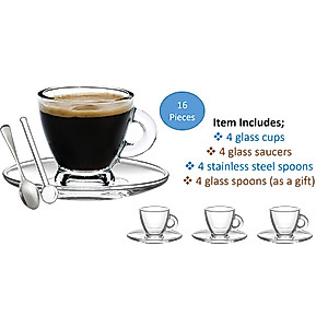 BOHEM'S Espresso Cups, 3.2 oz Small Demitasse Clear Glass Espresso Drinkware, Set Of Cups, Saucers and Stainless Steel mini Spoons + Free Glass Spoons (set of 4)