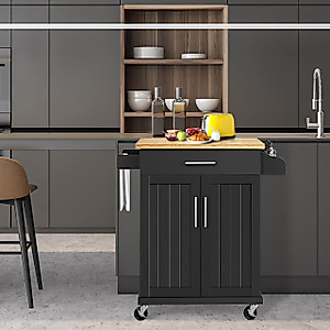 Topeakmart Kitchen Island On Wheels with Storage Cabinet and Drawer, Kitchen Trolley Cart with Spice Rack and Towel Bar for Dining Room, 26x18x36 Inches, Black