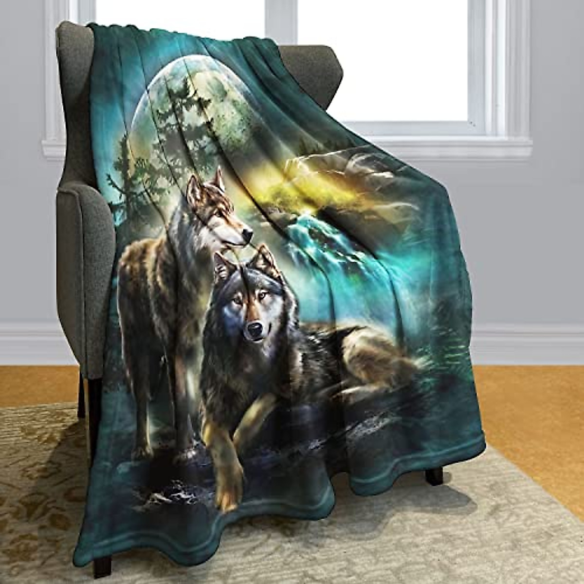 HommomH 40"x50" Blanket Soft Fluffy Fleece Throw for Sofa Bed Moon Wolf Green