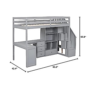 Wood Loft Bed Twin Size, Multifunctional Twin Bed Frame with L-Shaped Desk and Drawers, Cabinet and Storage Staircase, Gray