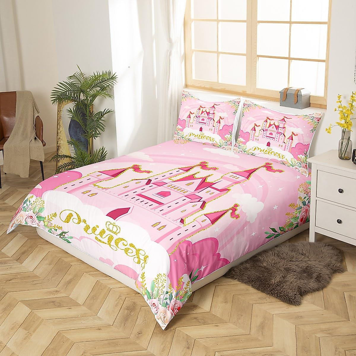 Manfei Princess Twin Bedding Sets for Girls,Pink Castle Dreamy Comforter Cover Kids Bedroom Decor,Flowers Bed Set,Fairy Tale Theme Duvet Cover Cute Blanket,Gifts for Girl,No Comforter