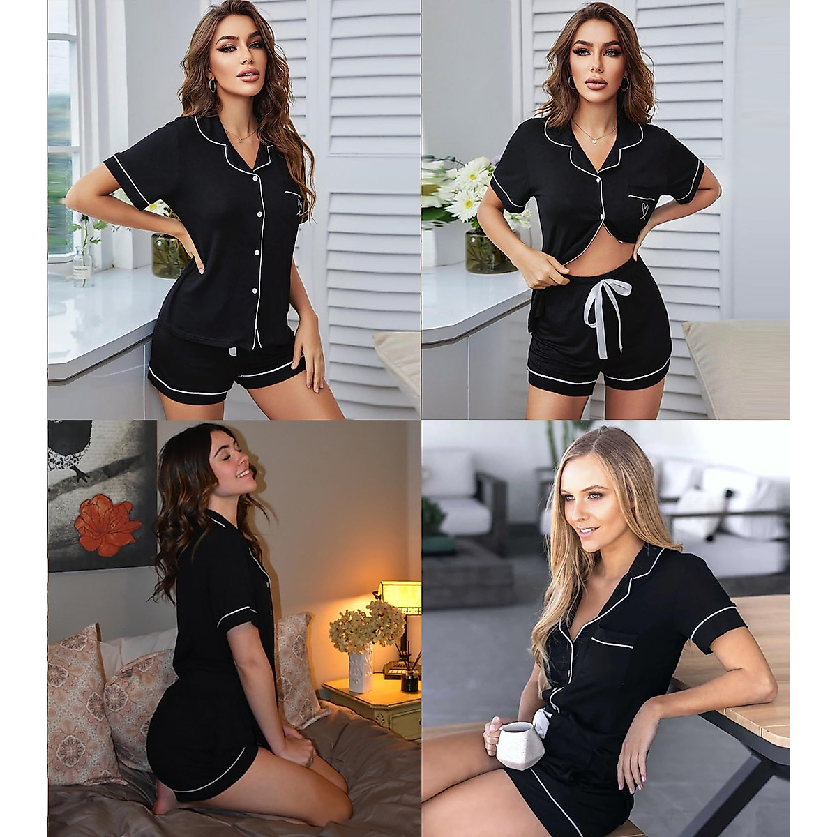 SWOMOG Womens Button Down Pajamas Set Short Sleeve Sleepwear Bride Soft Pj Lounge Sets XS-3XL Black XX-Large