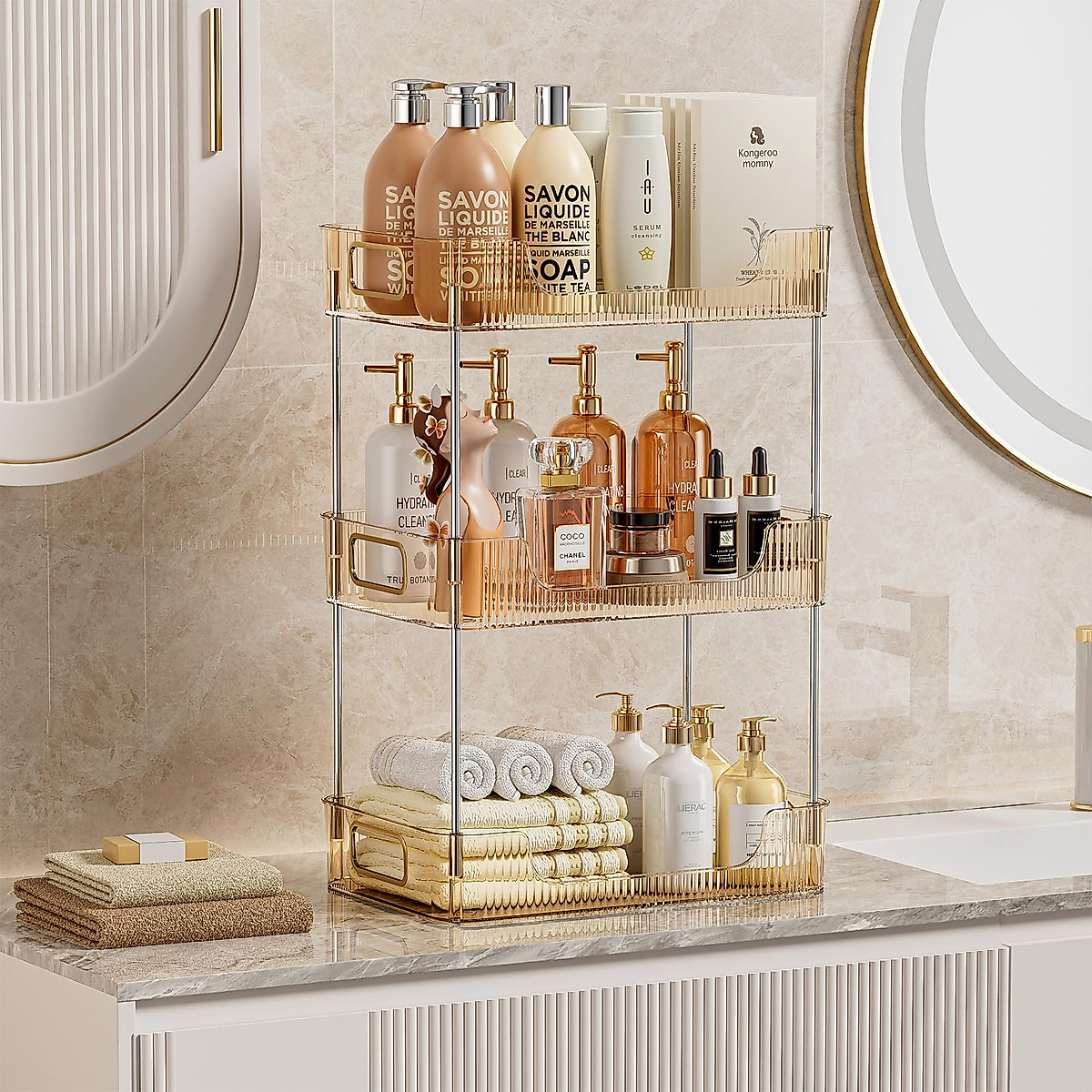 KSDSOAM 3 Tiers Bathroom Countertop Organizer, Cosmetics Skincare Organizers Holder for Perfume, Bathroom Organizers and Storage for Dresser Vanity Tray Sink (Gold)