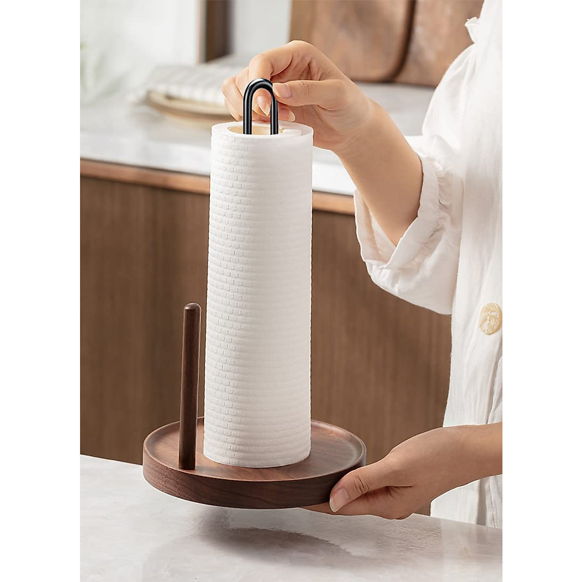 Vineet Modern Farmhouse Paper Towel Holders for Kitchen, Vintage Wire and Wood Countertop Paper Towel Holder Rustic Farmhouse Freestanding Paper Towel Holder with Real Wood Base