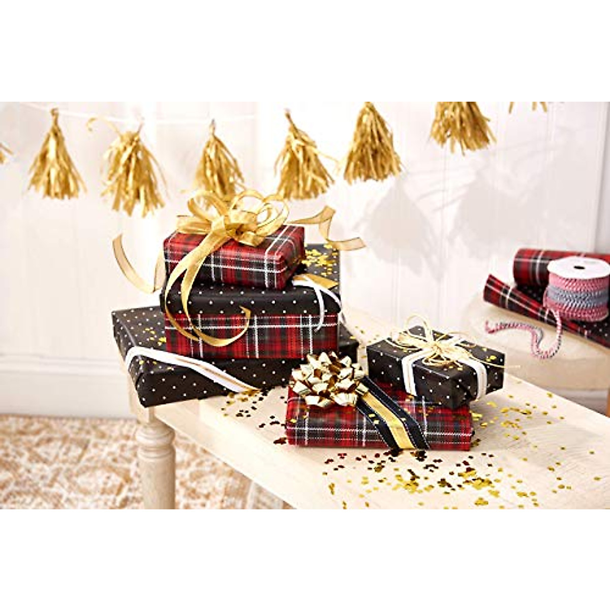 American Greetings Reversible Wrapping Paper Jumbo, Red and Black Plaid (1 Roll, 175 sq. ft)