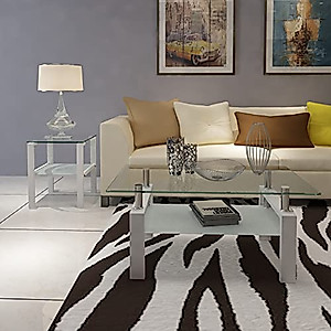 Glass Coffee Table and End Table Sets, White Tempered Glass Living Room Table Set of 3, Modern Tea Table & 2 Side Tables 2-Layer Perfect for Home Office Furniture