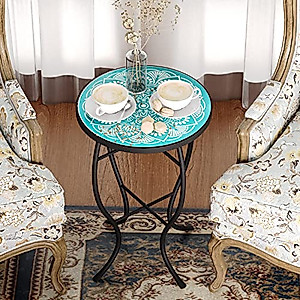 FROMJBEST Mosaic Outdoor Side Table, Patio Side Table, Weather Resistant 14" Diameter 21" H Ceramic Tile Round Outside Table for Patio, Porch, Garden, Pool, Indoor&Outdoor,Plant Stand (Cyan)