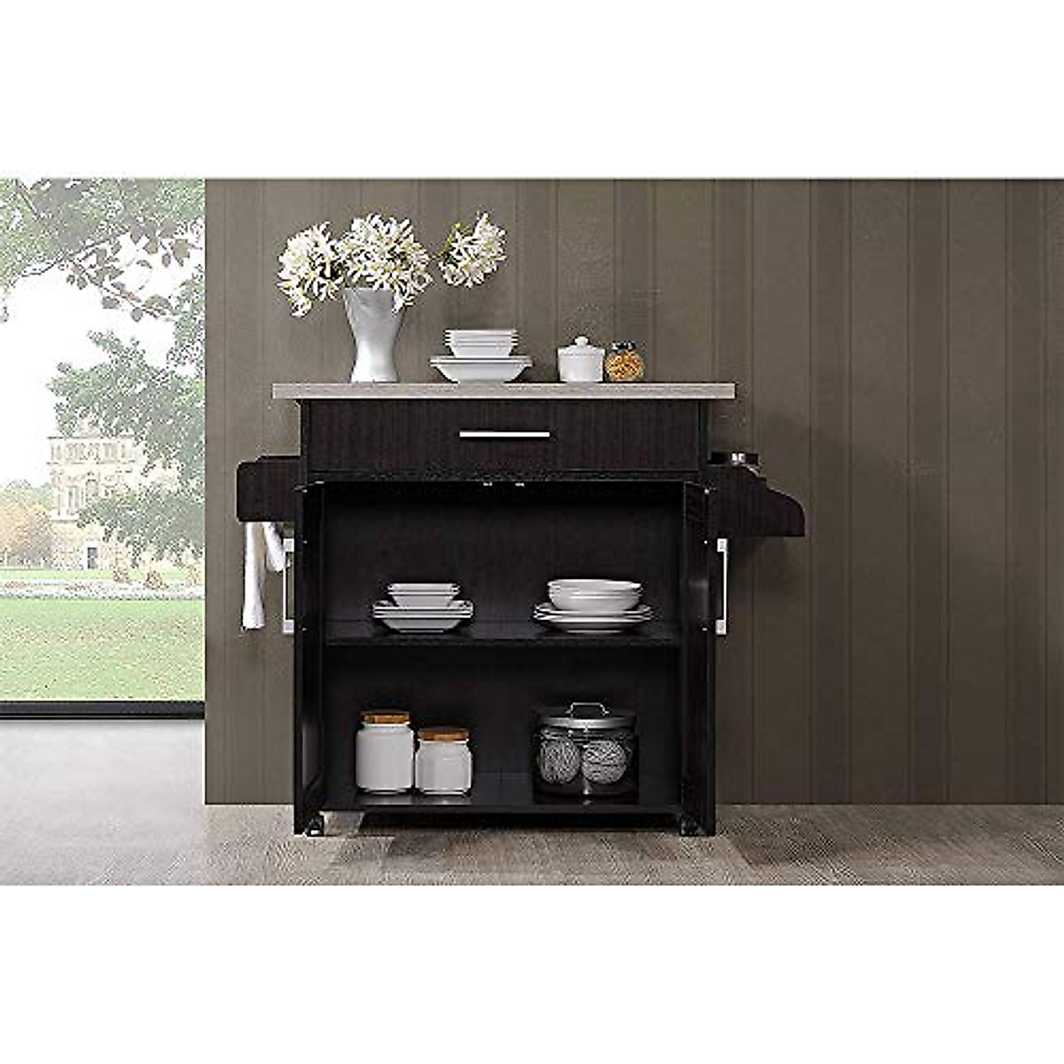Hodedah Kitchen Island with Spice Rack, Towel Rack & Drawer, Chocolate with Grey Top