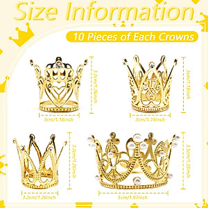 Benvo 40 Pcs Gold Crown Cake Topper Pearl Rhinestone Mini Crowns Small Diamond Tiaras for Flower Bouquet Cupcake Centerpieces Decoration of Girl Lady Bridal Wedding Birthday Party, 4 Crown Designs