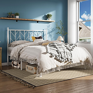 Allewie Full Size Platform Bed Frame with Vintage Headboard, 14 Inches Metal Mattress Foundation for Storage, No Box Spring Needed, Easy Assembly, Modern, White