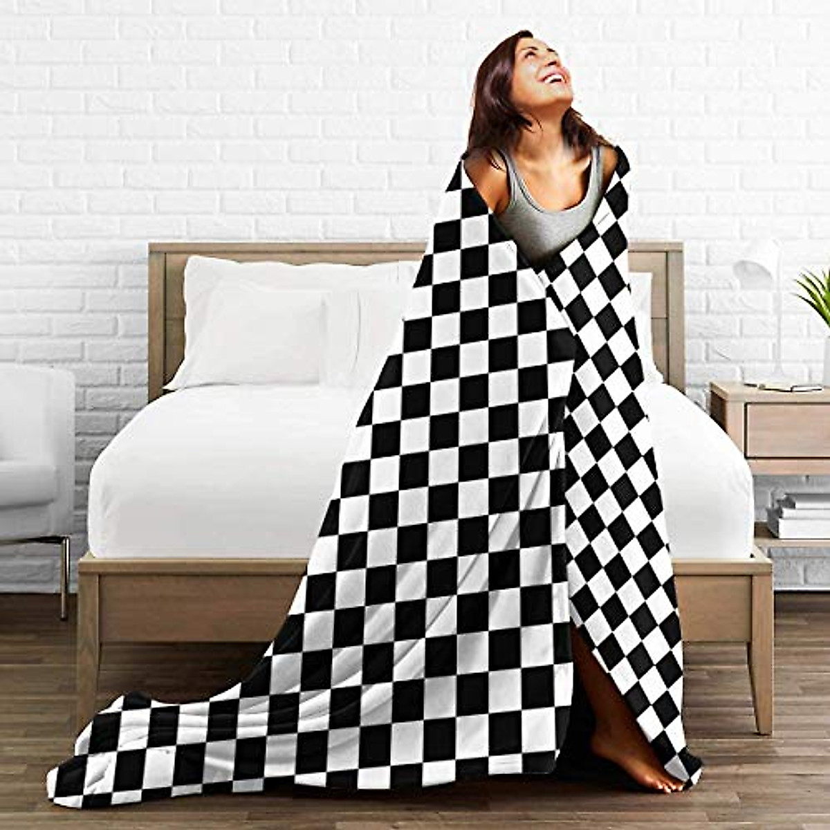 JASMODER Fall Throw Blanket Black White Race Checkered Flag Soft Microfiber Lightweight Cozy Warm Blankets & Throws for Couch Bedroom Living Room