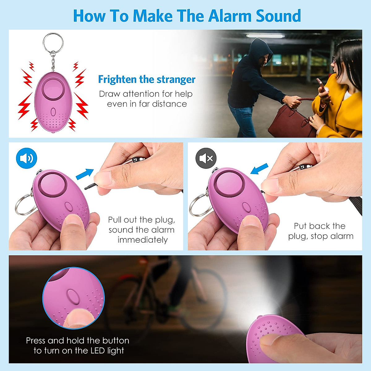 AMIR Safety Keychain Set for Women and Kids, 10 Pcs Safety Keychain Accessories, Keychain Set for Girls with Safe Sound Personal Alarm, No Touch Door Opener, Whistle and Pom, Purple