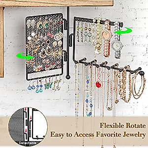 SOLIMINTR Hanging Jewelry Organizer Wall Mount Jewelry Holder with Rustic Wood Shelf, Ring Display Box, Ear Studs Earring Holder, Rotating Necklace Holder Organizer