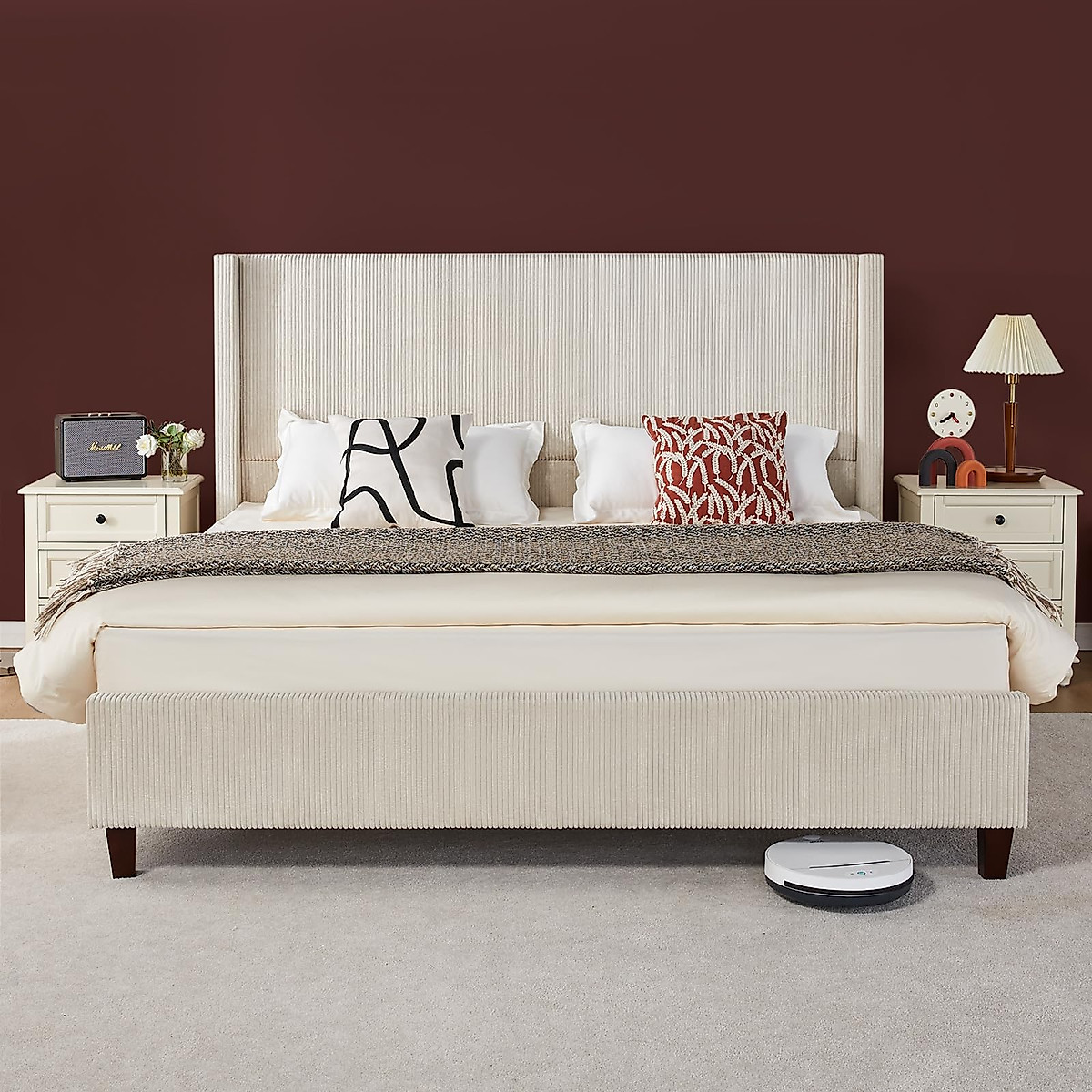 VanAcc King Size Platform Bed Frame, 50.8" Corduroy Upholstered Bed with Vertical Channel Tufted Headboard/Wooden Slats/Wingback/No Box Spring Required/Beige