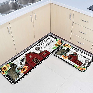 Kitchen Comfort Mat Set of 2 Farm Cow Non-Slip Backing Waterproof Anti-Fatigue Standing Mats Wipeable Rugs for Kitchen Sunflower Rustic Barn Wood Country Style Farmhouse 23.6x35.4inch+23.6x70.9inch