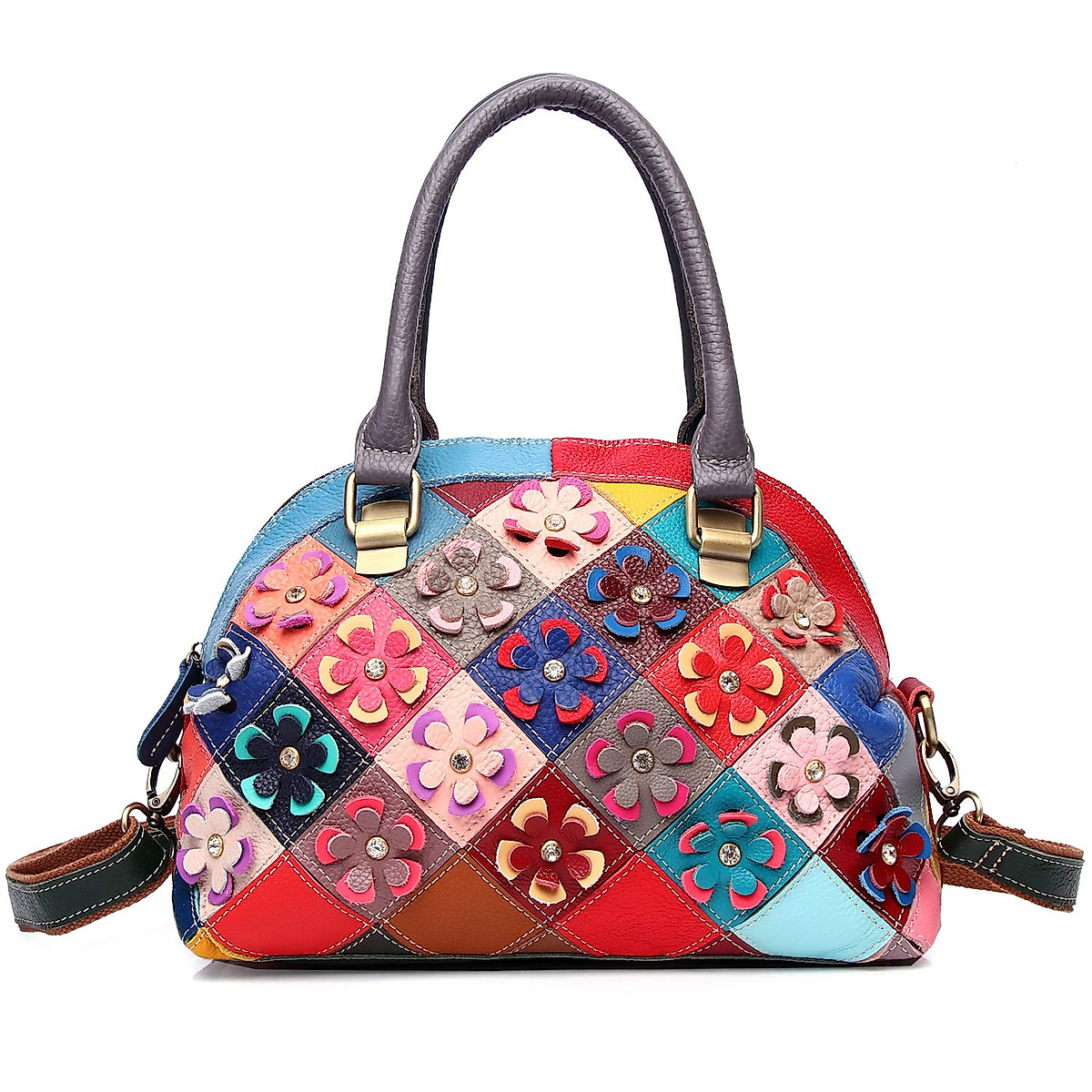 Women Multicolor Shell Bag Genuine Leather Cute Tote Bag Colorful Handbag Purses (Flower-Multicoloured-S)
