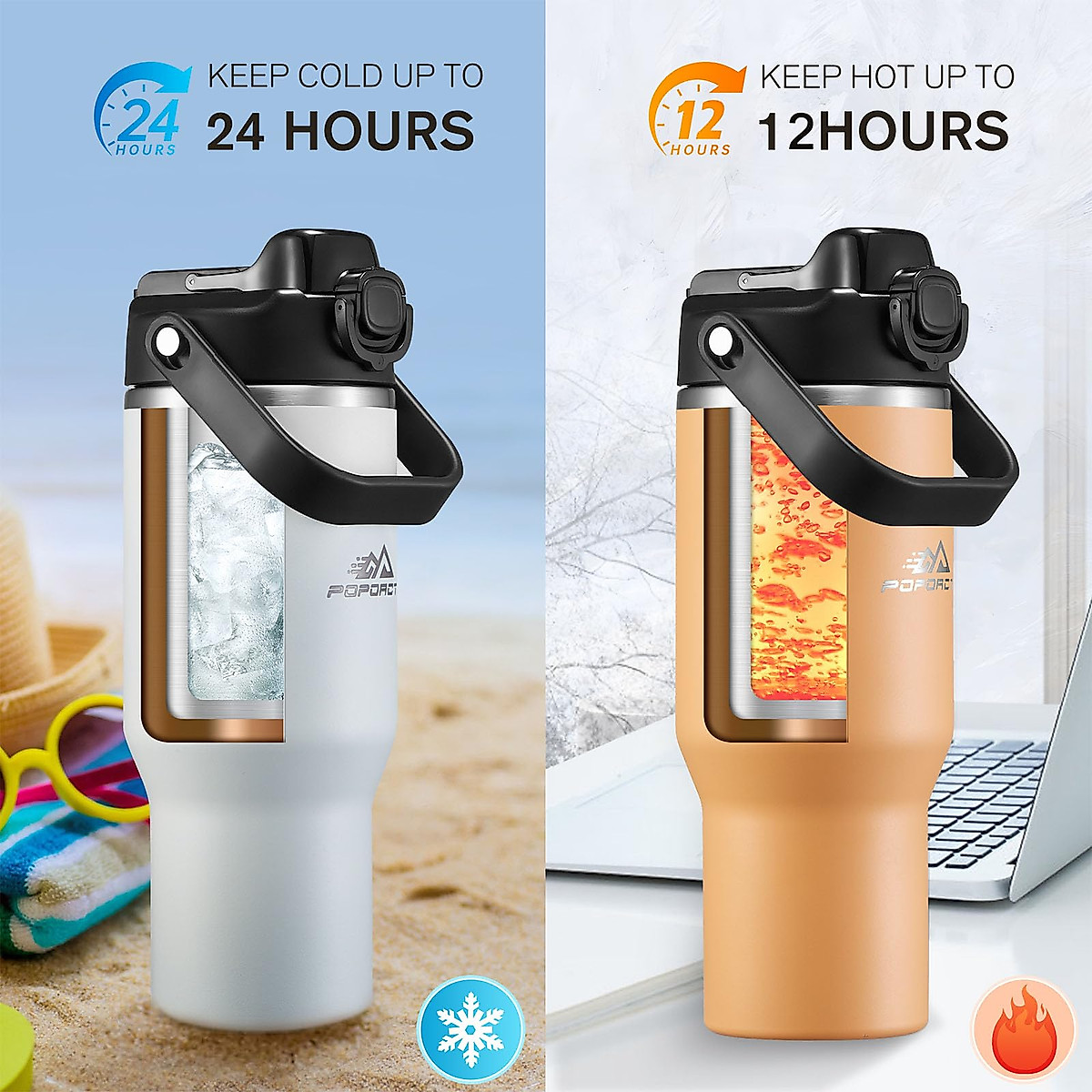 POPOACTI Insulated Tumbler,34 oz Stainless Steel Water Bottle, BPA-Free, Double-Walled Vacuum, Flip Straw for Travel, Keeps Drinks Hot & Cold for 12 Hours,For Travel, Gym & Office (White)