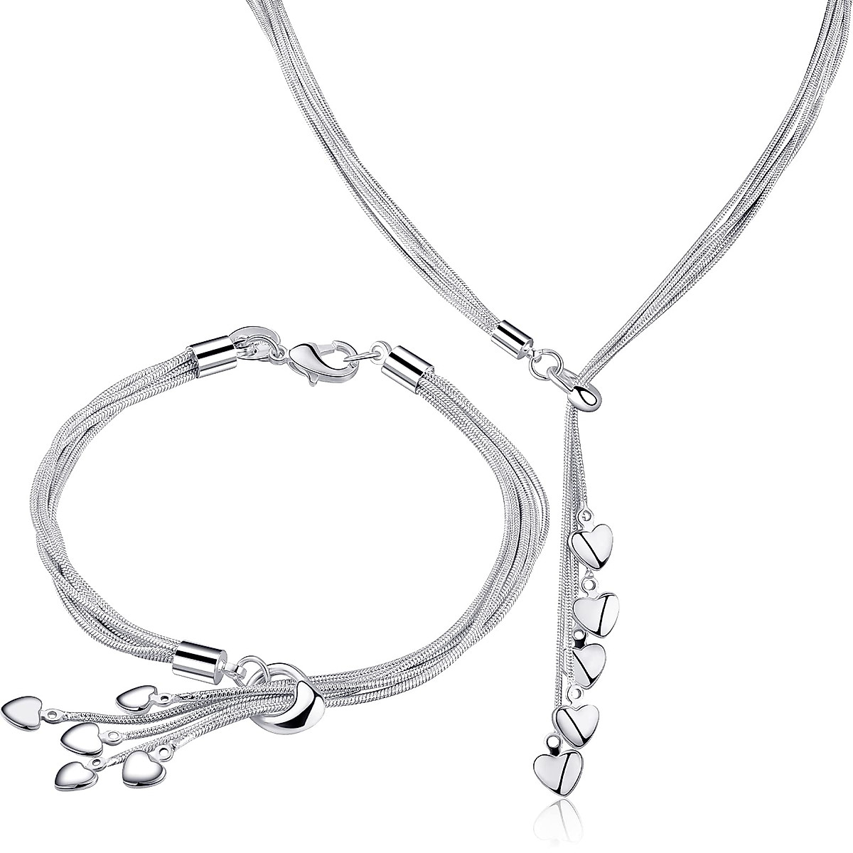MTLEE 2 Pieces Five-line Chain with Five-heart Link Bracelet Bangle Italian Five-line Chain Necklace Link for Women Christmas Gift(Silver)
