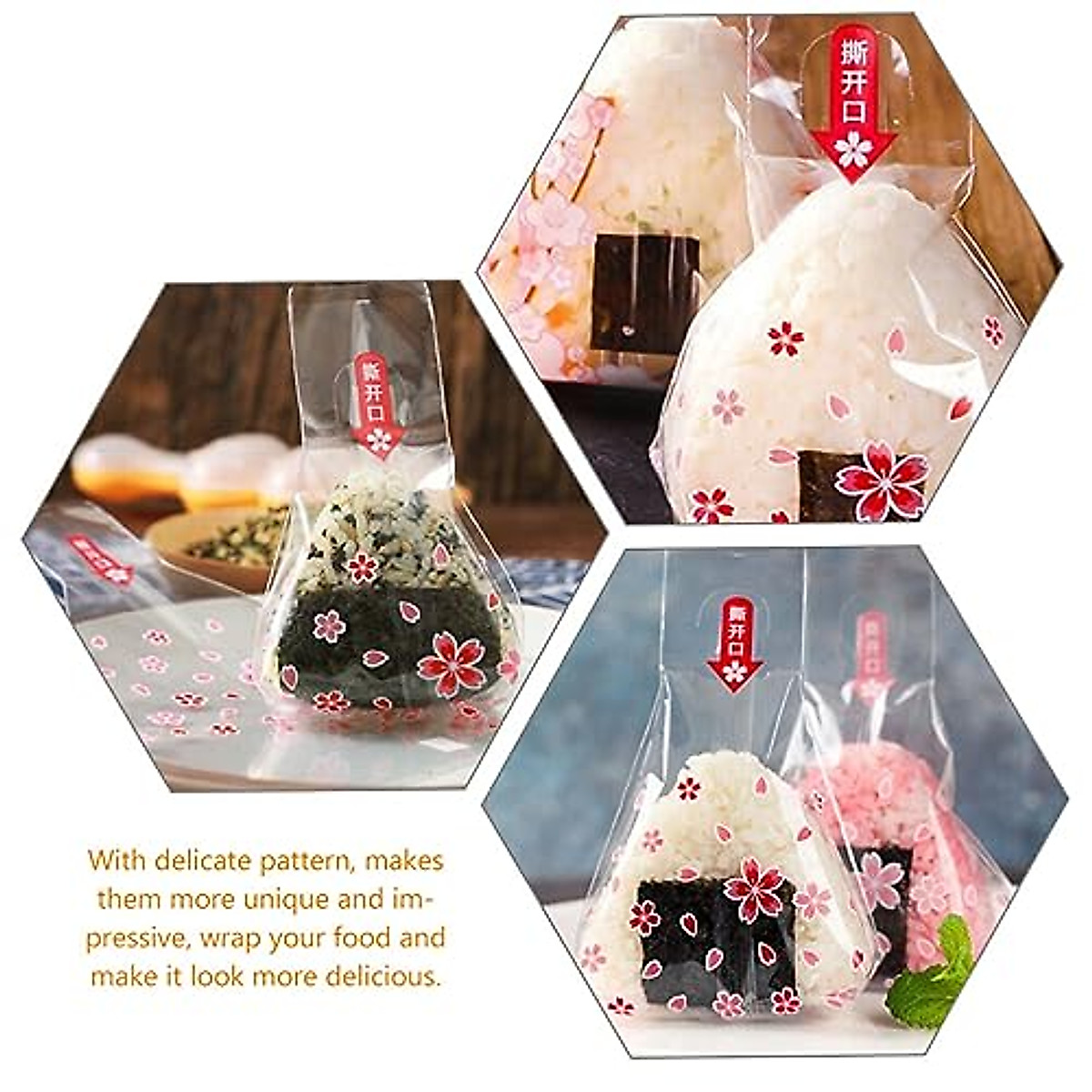 ULTECHNOVO 100Pcs Triangle Onigiri Wrappers Plastic Rice Balls Bags Disposable Sushi Packing Bags Japanese Onigiri Bags with Stickers