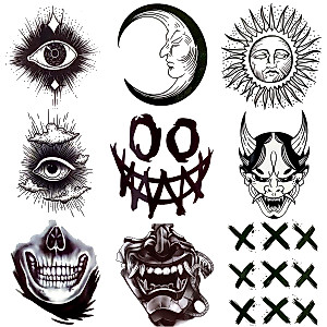 Oottati Waterproof 9 Sheets Back of Hand Fake Temporary Tattoo Stickers - Black Halloween Skull Horror Eye Devil Sun Moon Totem (Halloween)