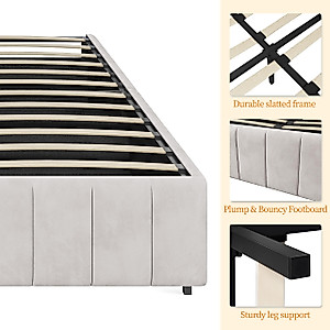 Yaheetech Queen Bed Frame Upholstered Platform Bed with 4 Storage Drawers, Large Storage Space/Strong Wooden Slats/Non-Slip and Noise-Free/No Fixed Headboard/No Box Spring Needed/Beige Queen Bed