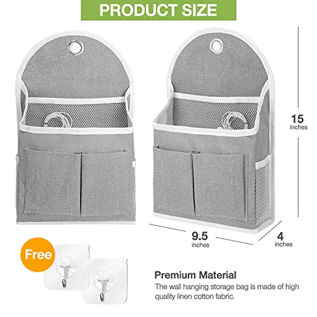 Ndeno 2 Pack Wall Hanging Organizer Bag with Pockets Fabric Storage Bag Basket Caddy Waterproof Over the Door Pouch Closet Shelves with Hook for Kitchen,Bedroom, Bathroom (Grey+Grey)