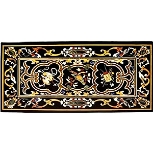 48" X 30" Inch Natural Black Marble Dining Table Pietra Dura Floral Marquetry Patio Table, Outdoor Furniture Table, Italian Style Table