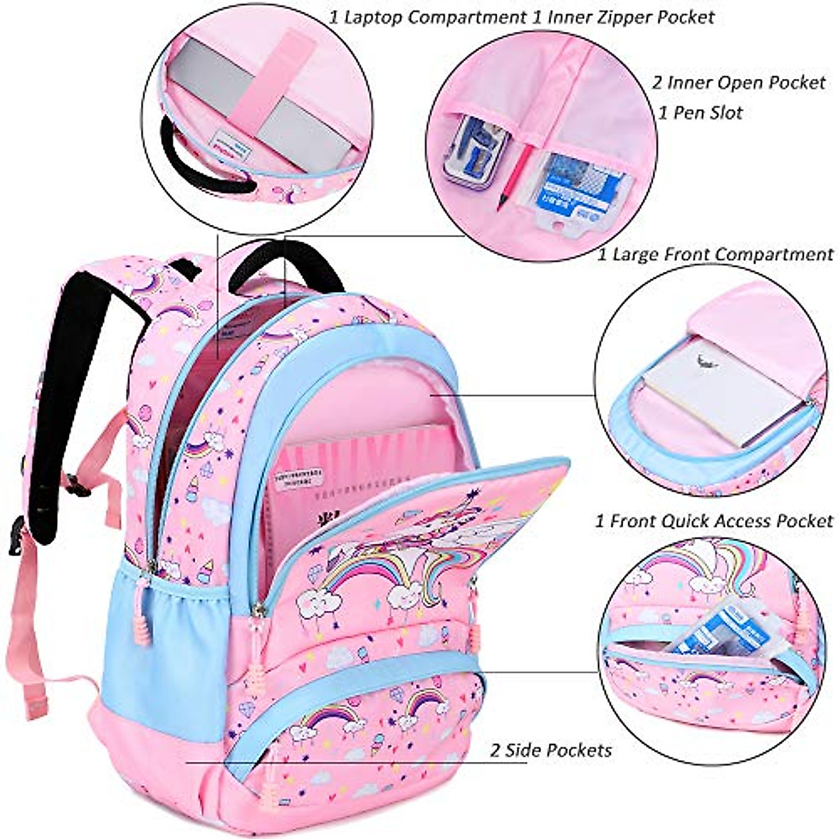 Meisohua Kids Unicorn Backpack for Girls School Bookbag for Elementary 3 in 1 School Bag Sets with Lunch Tote Pencil Bag