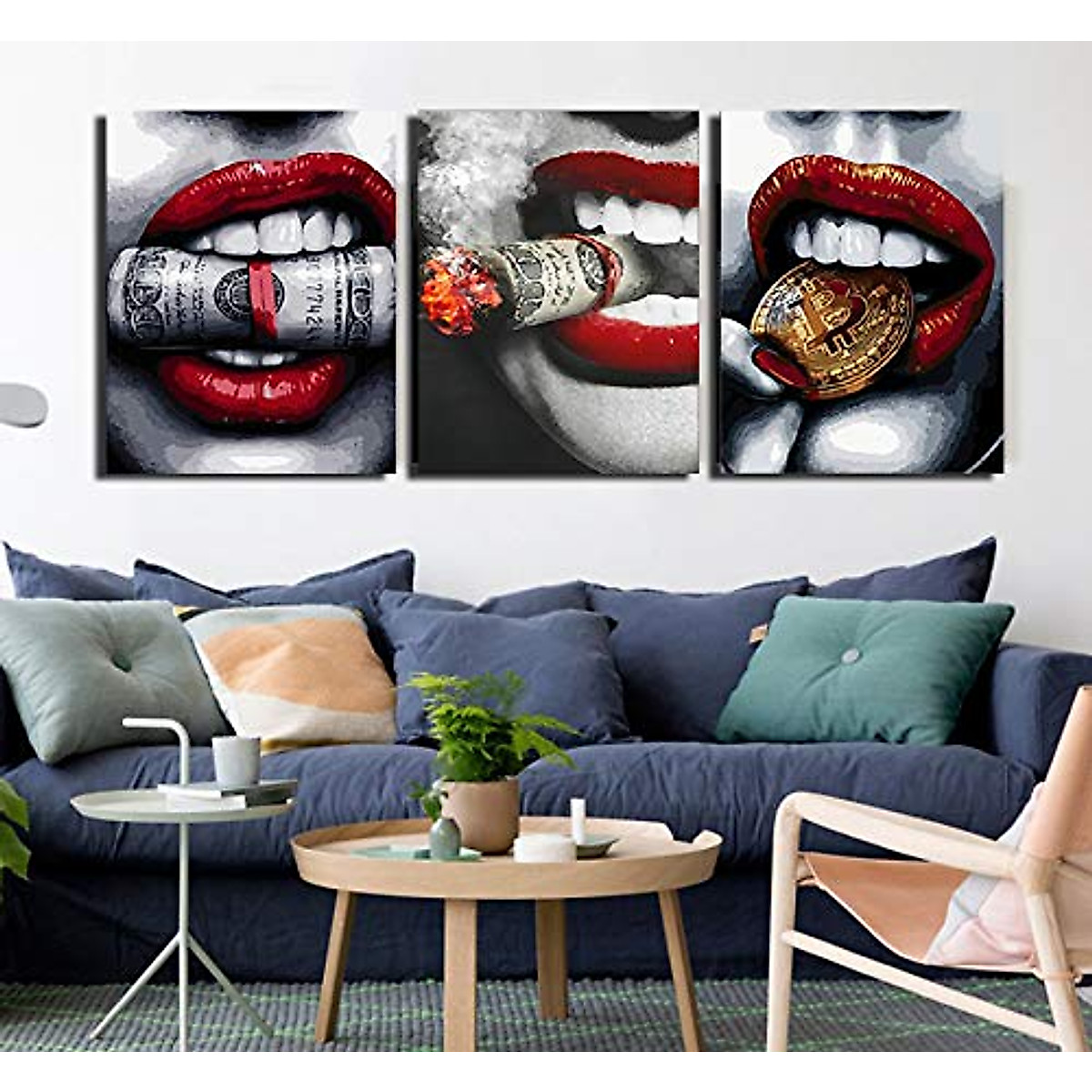 Red Lips Series: 【Luxury】-Spray Painting Core Modern Fashion Sexy Red Lips Nordic Style Room Decoration Painting Sofa Background HD Wall Painting Set of 3（11.8"X15.75")【No Fram