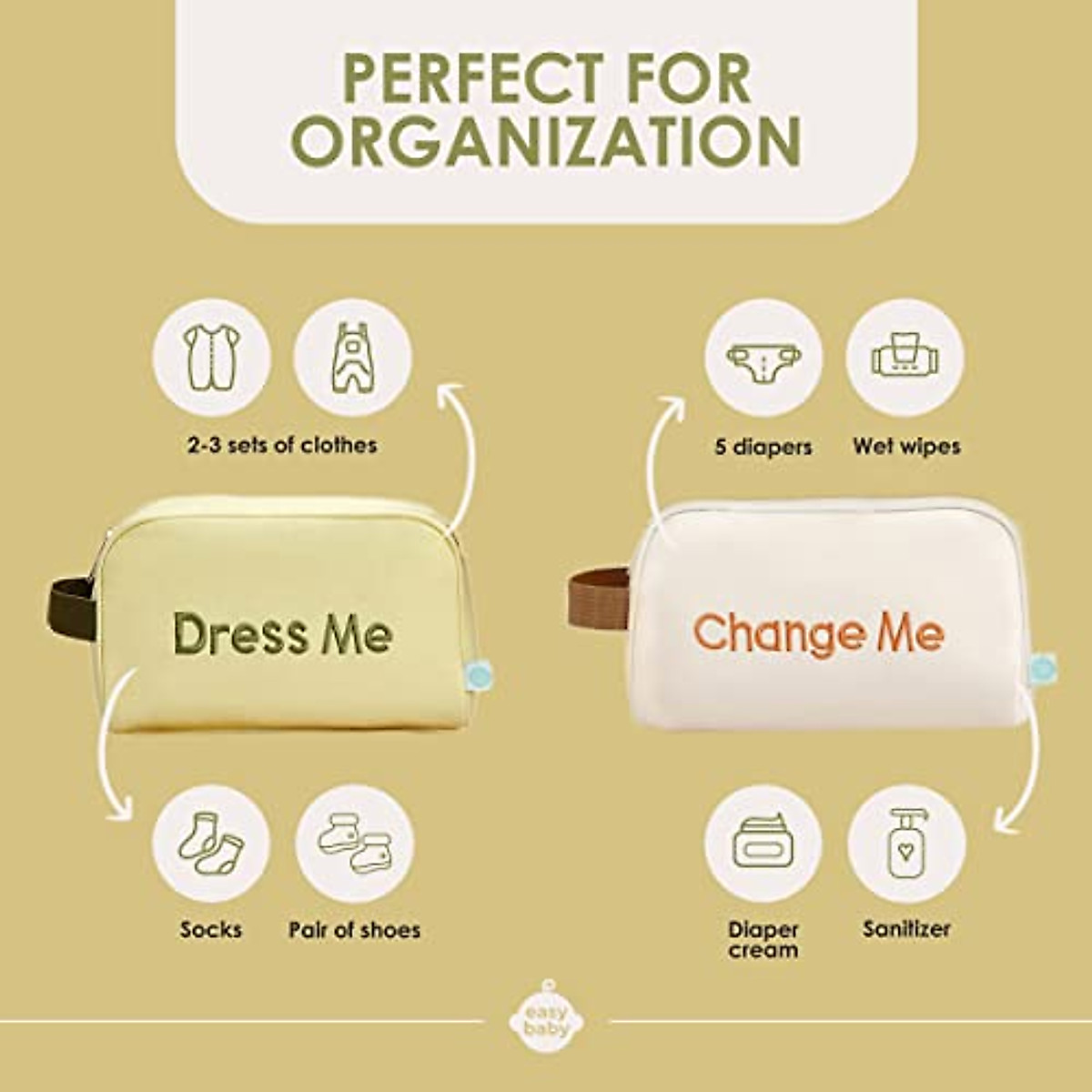 Easy Baby - Diaper, Bottle, and Supplies - Organizer Pouches - Change, Feed, and Dress Me (4 Pack Sedona) | Organizing Packing Tote Cubes for Baby Items | Good for Travel and Keeping Organized