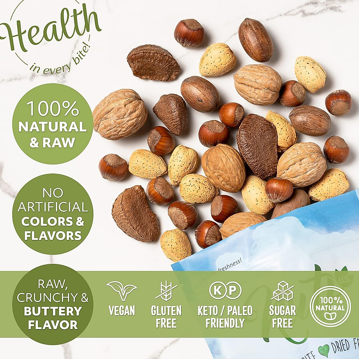 NUTS U.S. – Mixed Nuts In Shell (Almonds, Walnuts, Hazelnuts, Pecans, Brazil Nuts) | No Added Colors and No Artificial Flavors | Fresh Buttery Taste and Raw |Packed In Resealable Bags!!! (6 LBS)