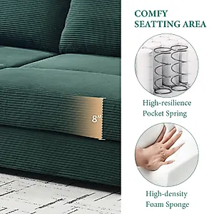 Tmsan 82.7" Oversized Deep Seat Loveseat with Ottomans, Corduroy Double Chaise Sleeper Sofa, Modular Sectional Cloud Couch with Cup Holders & USB Ports for Living Room Apartment Office (Green)