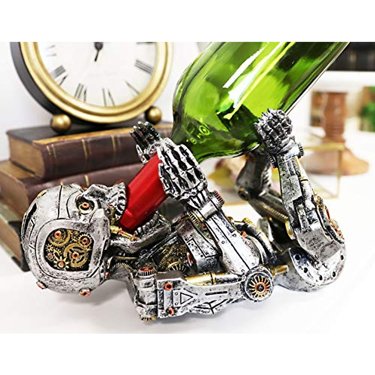Ebros Steampunk Industrial Victorian Sci Fi Cyborg Robotic Terminator Skeleton Wine Bottle Holder Figurine with Painted Gearwork Clockwork and Mechanical Parts Party Hosting Skeletons Skulls Decor