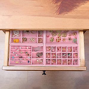 Elsjoy 8 Pack Pink Velvet Jewelry Tray, Drawer Insert Jewelry Organizer Tray Stackable Jewelry Storage Holder, Divided Earring Display Trays for Necklace, Ring, Bracelet, 4 Styles
