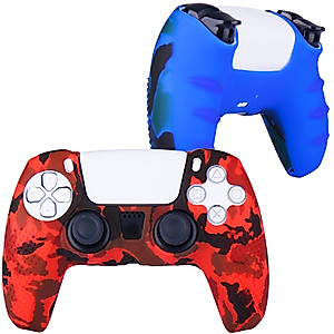 YoRHa Studded Printing Silicone Cover Skin Case for PS5 Controller x 2(Red+Blue) with Pro Thumb Grips x 8