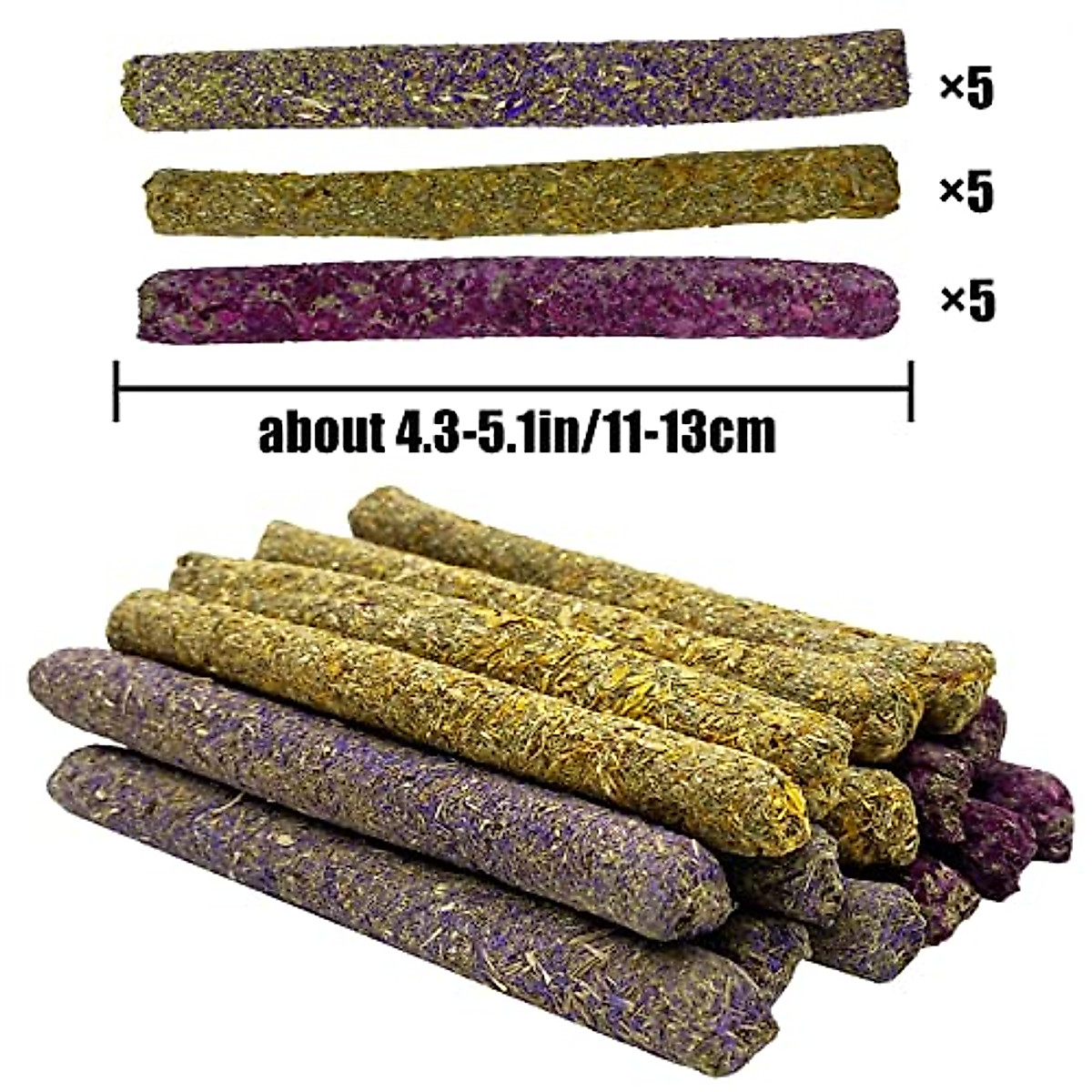 Natural Timothy Rabbit Hay Sticks 15PCS Flowers Flavored Bunny Chew Toys Handmade Hamster Timothy Molar Rod Teeth Treats for Rabbit Hamster Chinchilla Guinea Pig Gerbil